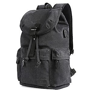 Small Canvas Vintage Backpack for Men Women,Travel Laptop Backpack with USB Charging Port,School College Backpack Book Bag Casual Rucksack Fits 15.6 Inch Laptop,Black