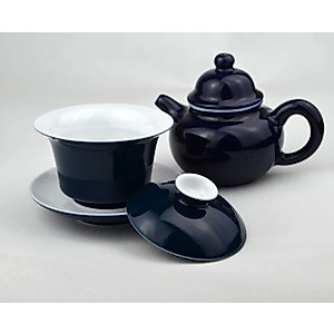 Liang baobao Porcelain Gaiwan 5oz/150ml Teacup White Glazed Tea Cup Tureen Chinese Sancai Cover Bowl Lid Saucer Set (Blue)