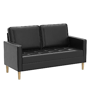 AILEEKISS 57'' Modern Loveseat Sofa Mid-Century Faux Leather 2-Seat Sofa Couch Upholstered Love Seats with Pillows for Living Room, Bedroom, Office, Small Space (Black 02)