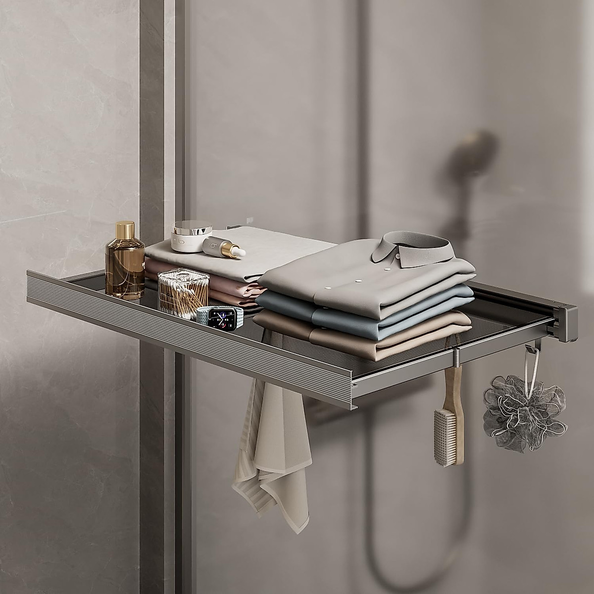 KATASKI Wall Mounted Drying Rack with Hooks, Drying Rack, Folding, Telescopic, Folding Drying Rack for Shoes, Socks, Underwear Drying Racks (Mesh Gray)