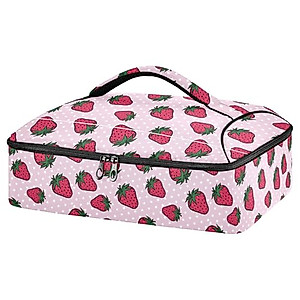 Kcldeci Insulated Thermal Food Carrier Insulated Casserole Carrier for Hot or Cold Food,Red Strawberries with Dot Polka Insulated Tote Bag for Potluck Cookouts Parties Picnic,Lasagna Lugger