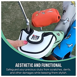 e9 golf Fore The Birds Round Mallet Putter Cover - Synthetic Leather Golf Mallet Putter Headcover - Men & Women Golf Mallet Putter Covers Accessories - Universal Fit Putter Cover - (White)