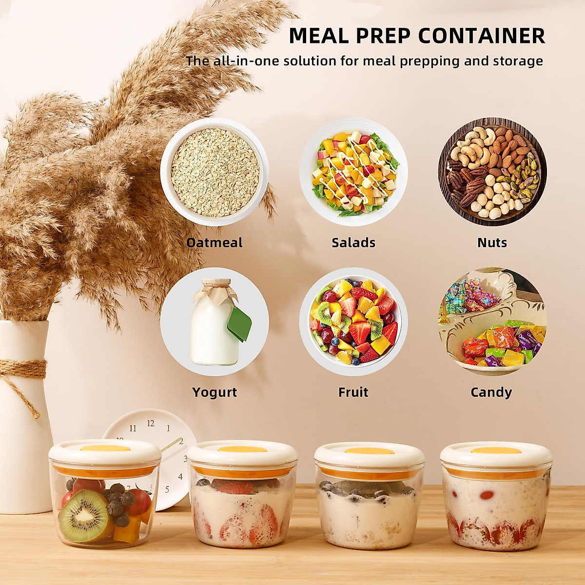 Tourdeus Tritan Oatmeal Jars, 4-Pack Shatterproof & Leakproof Overnight Oats Containers with Lids, 14oz Pop-Top Airtight Meal Prep Jars for Chia Pudding, Yogurt, Salad, Cereal, Orange