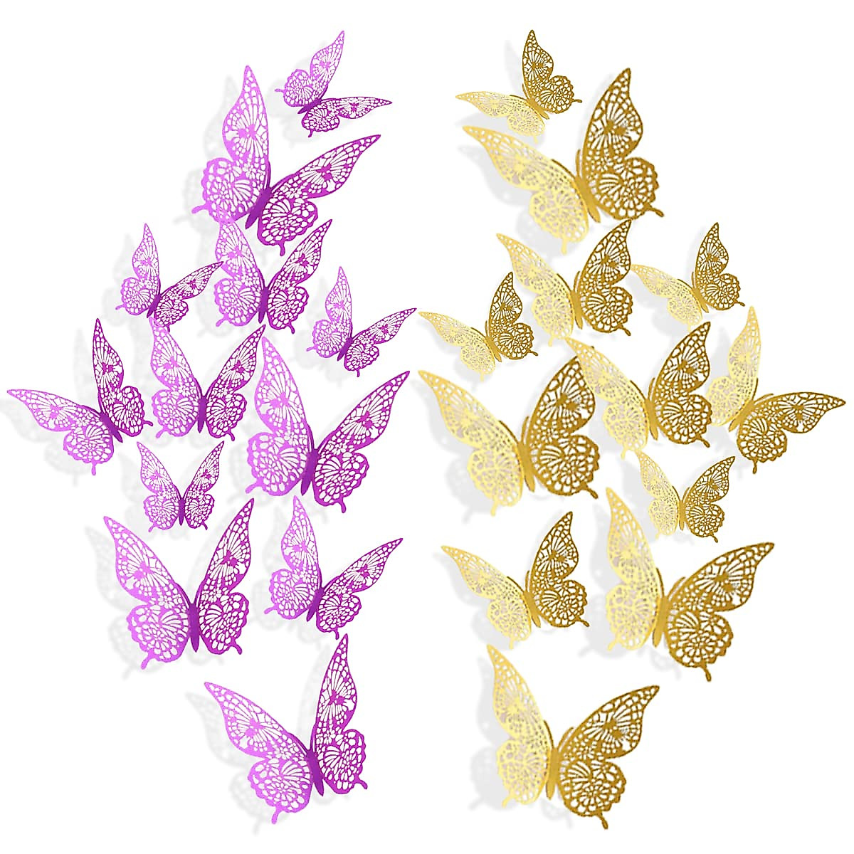 3D Purple Gold Butterfly Wall Stickers, 24 PCS 3 Sizes Butterfly Wall Decals, Removable Metallic Gold Wall Sticker Room Mural for Paper Art Party Cupcake Kids Bedroom Classroom Wedding Balloon Decors