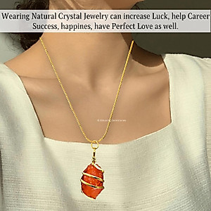 Carnelian Crystal Necklace with Gold Spiral Carnelian Raw Stone - Carnelian Pendant Women Wire Wrapped Pencil Jewelry with Adjustable Gold Chain and Premium Velvet Pouch (Extra Free Boho Necklace)