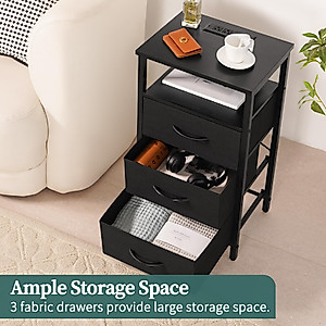 Yoobure Night Stand with Charging Station, 16 Colors LED Nightstand with USB Ports and Outlets, End Table with 3 Fabric Drawers and Storage Shelf, Bedside Tables Small Dresser for Small Space Black