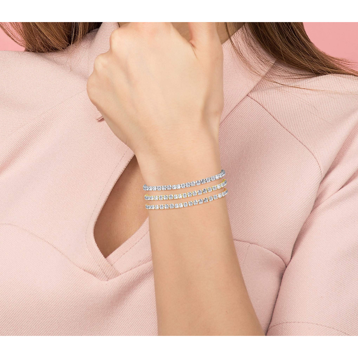 Savlano 14K Gold Plated Cubic Zirconia Round 4MM Classic Tennis 7.5 in Bracelet For Women (3 Pack Tri-Color Set)