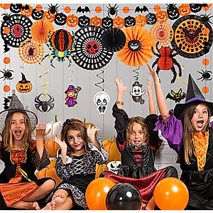 Halloween Hanging Paper Fans Decorations, Orange and Black Halloween Decor.Paper Spider Honeycomb, Hanging Swirls Decorations, Bat Pumpkin Spider Paper Garland for Wall Window Halloween Decorations.