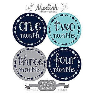 12 Monthly Baby Stickers, Baby Boy, Baby Belly Stickers, Baby Month Stickers, First Year Stickers Months 1-12, Arrows, Tribal, Navy, Blue, Teal, Aqua, Gray, Grey, Boy