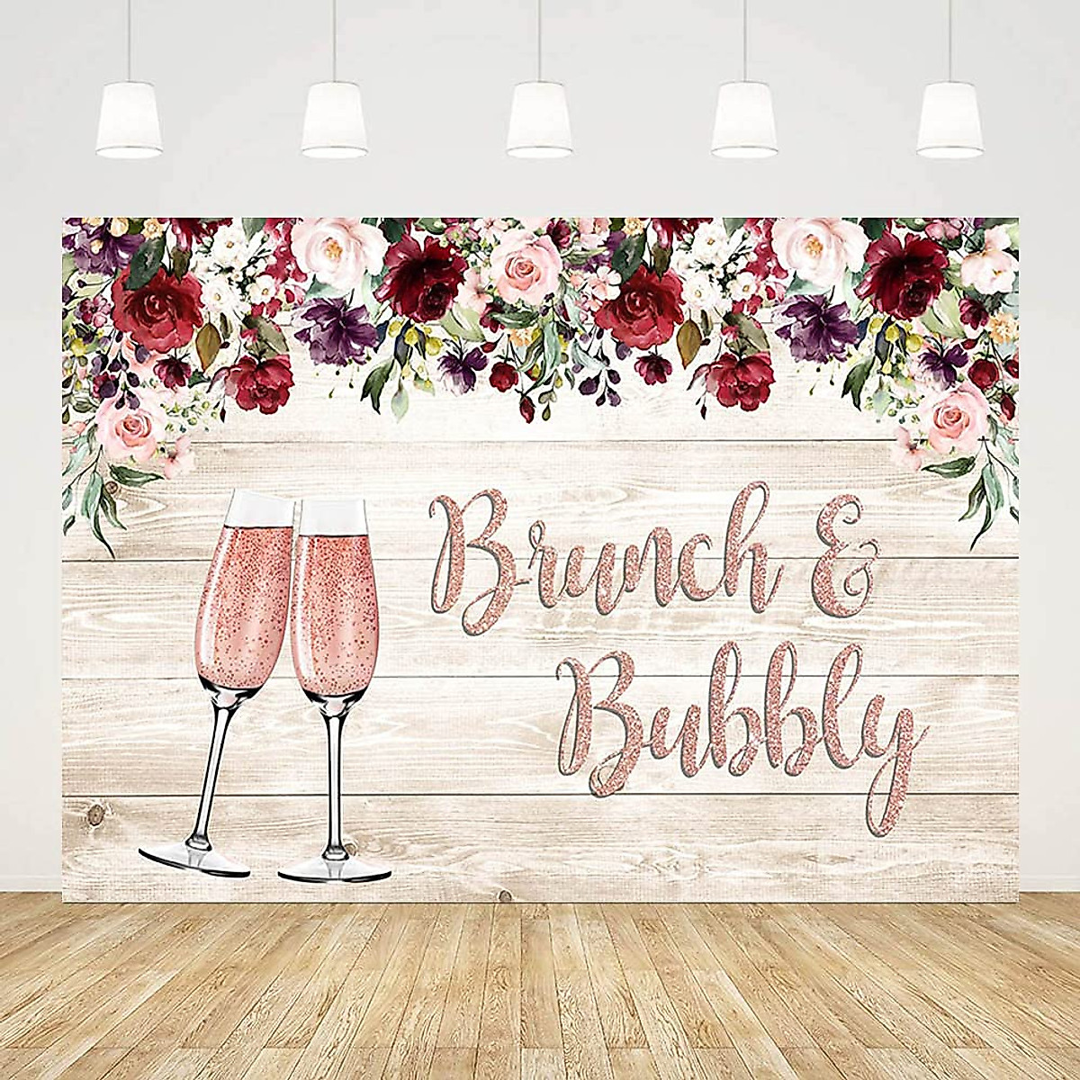 ABLIN 7x5ft Brunch and Bubbly Backdrop for Bridal Shower Rustic White Wood Red Rose Flowers Floor Photo Background Bride to Be Engagement Wedding Party Decorations Banner Props