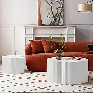 31.5 inch Round Coffee Table for Living Room, Set of 2 Large Circle Coffee Table, Handcraft Solid Wood Center Drum Nesting Table, Modern Farmhouse Style for Bedroom, Balcony, Office, Matte White