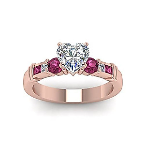 CaratYogi Dual Hoop Ring rose gold plated Created Pink Sapphire Heart shape Pink color Side Stone Engagement Rings channel Setting in Size 10 Minimal Surprise Gifts for Ladies