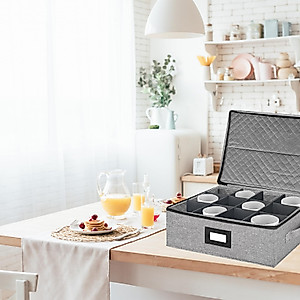 homyfort China Storage Containers - Stemware Storage Box,Cups, Tea Mugs Sets Storage Box with Lid and Handles Hard Shell and Stackable(Grey)