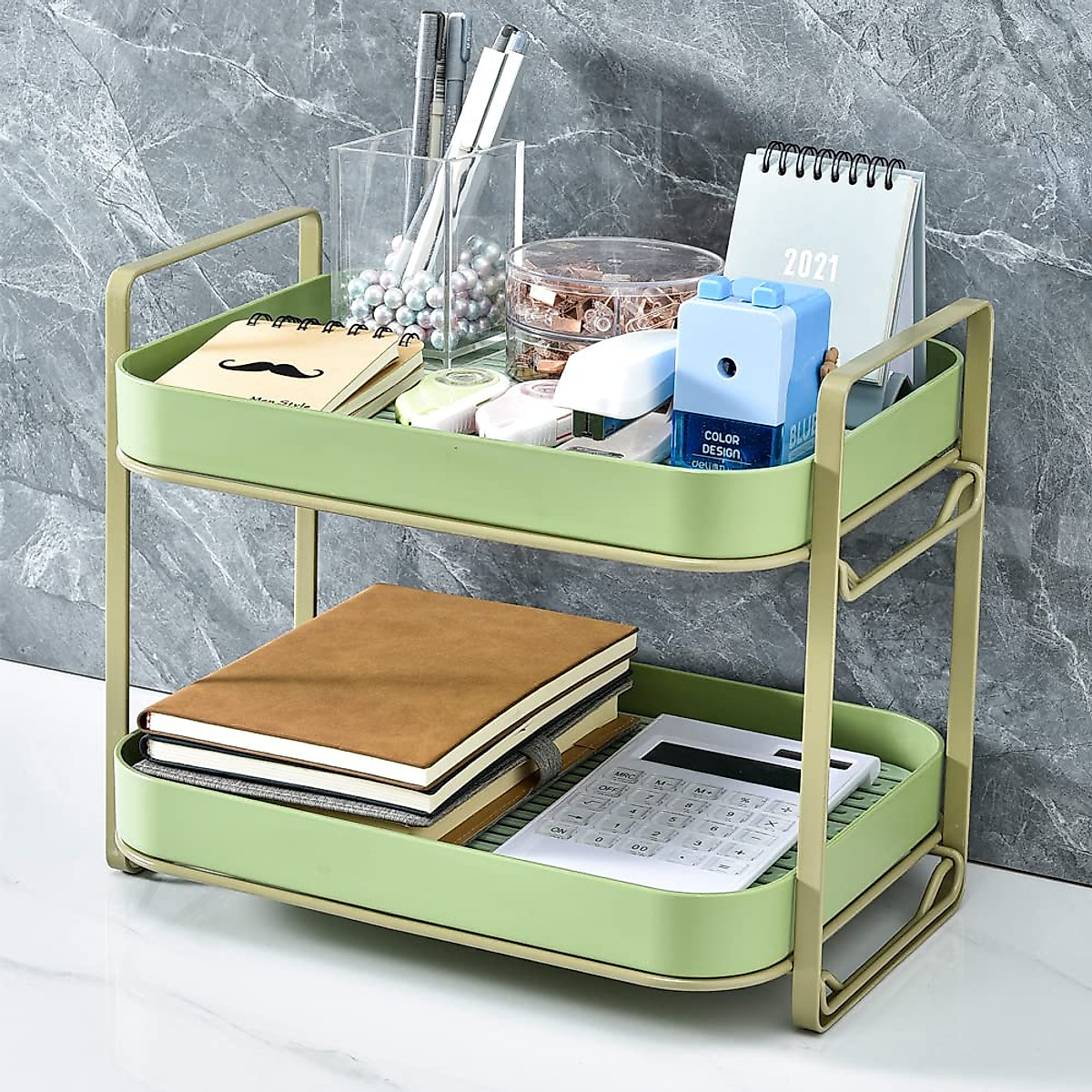 Lille Home Two-Tier Multi-Functional Storage Organizer with Removable Drain Tray, Cup/Mug Holder Shelf, BPA Free (Green)