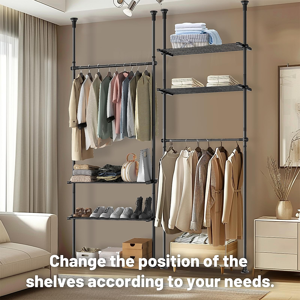 DYN Ptah Floor to Ceiling Adjustble Garment Rack, Heavy Duty Clothes Rack with 2 Shelves, Free Standing Clothing Hanger Tension Rod Cloth Storage Rack Black