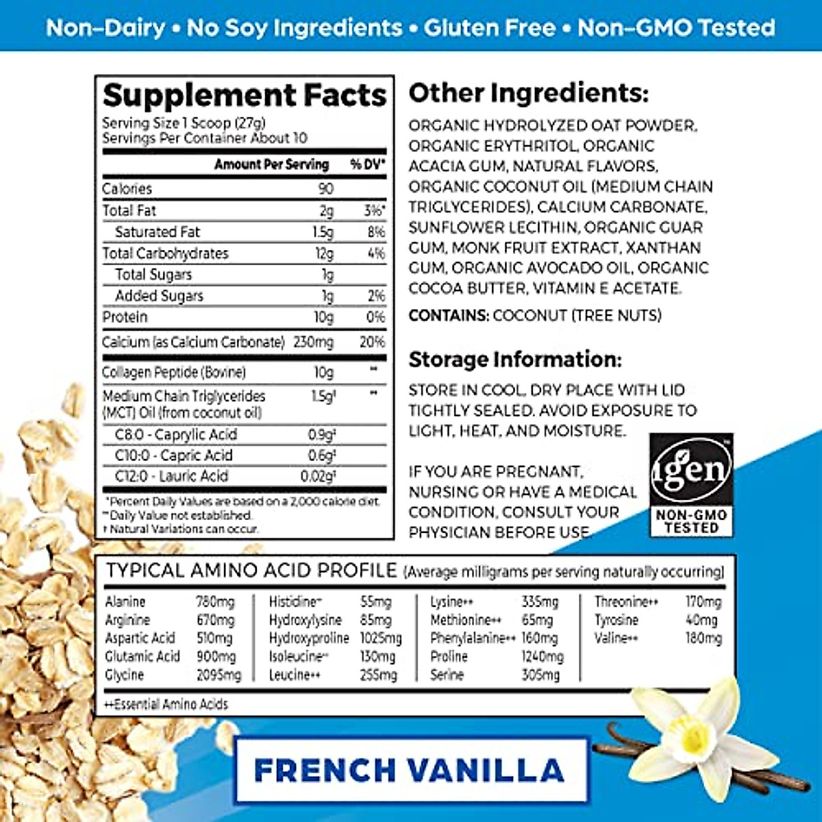 Orgain Collagen Creamer with Organic Oatmilk Powder, French Vanilla - 10g of Hydrolyzed Grass-Fed Collagen, 1g of Sugar, Made with MCT, Avocado, and Coconut Oil, No Dairy or Soy, Non-GMO, 10 oz