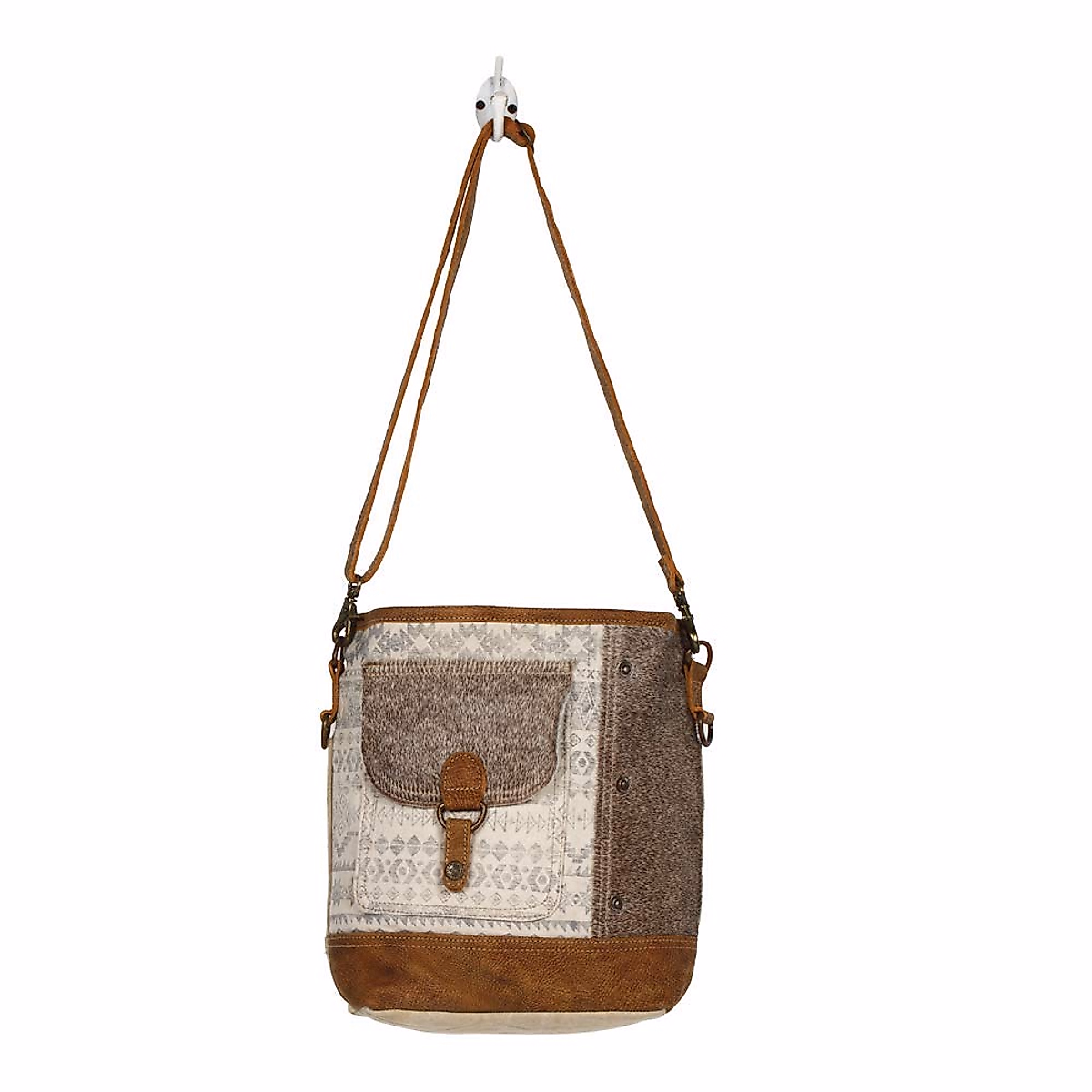 Myra Bag Tribal Stripe Front Pocket Upcycled Canvas & Cowhide Leather Shoulder Bag S-1232, Brown, One Size