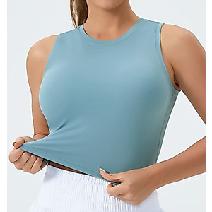THE GYM PEOPLE Women's Workout Crop Tops Sleeveless Yoga Running Shirts Athletic Tank Top No Padding Denim Blue