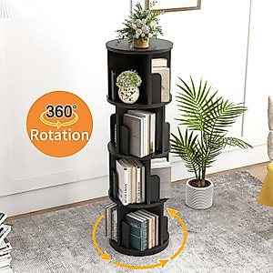 oneinmil 360°Rotating Bookshelf, Small Corner Bookcase with a Small Footprint, 4 Tier Standing Bookcase for Kids & Adults, Wood Bookshelf Designed for Bedroom, Living Room, Black