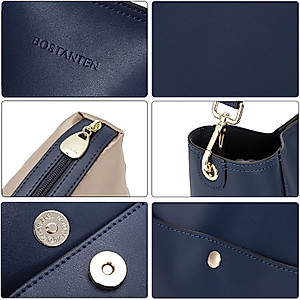BOSTANTEN Women's Leather Designer Handbags Tote Purses Shoulder Bucket Bag Navy Blue