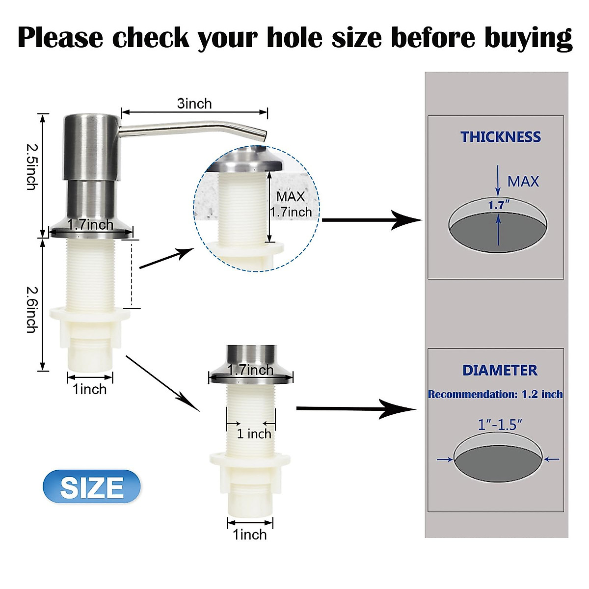 Soap Dispenser for Kitchen Sink, Built in Sink Soap Dispenser (Brushed Nickel), Countertop Soap Dispenser Pump with 47" Extension Tube kit, No Need to Fill Little Bottle Again (Longer Thread Shaft)