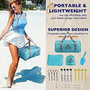 COPFERY Beach Tent Sun Shelter for Family 10x10 FT UPF50+ Windproof Beach Canopy with Mat, Sand Shovel, Ground Pegs and Stability 4 Aluminum Poles, Portable Sun Shelter for Beach, Backyard or Picnics