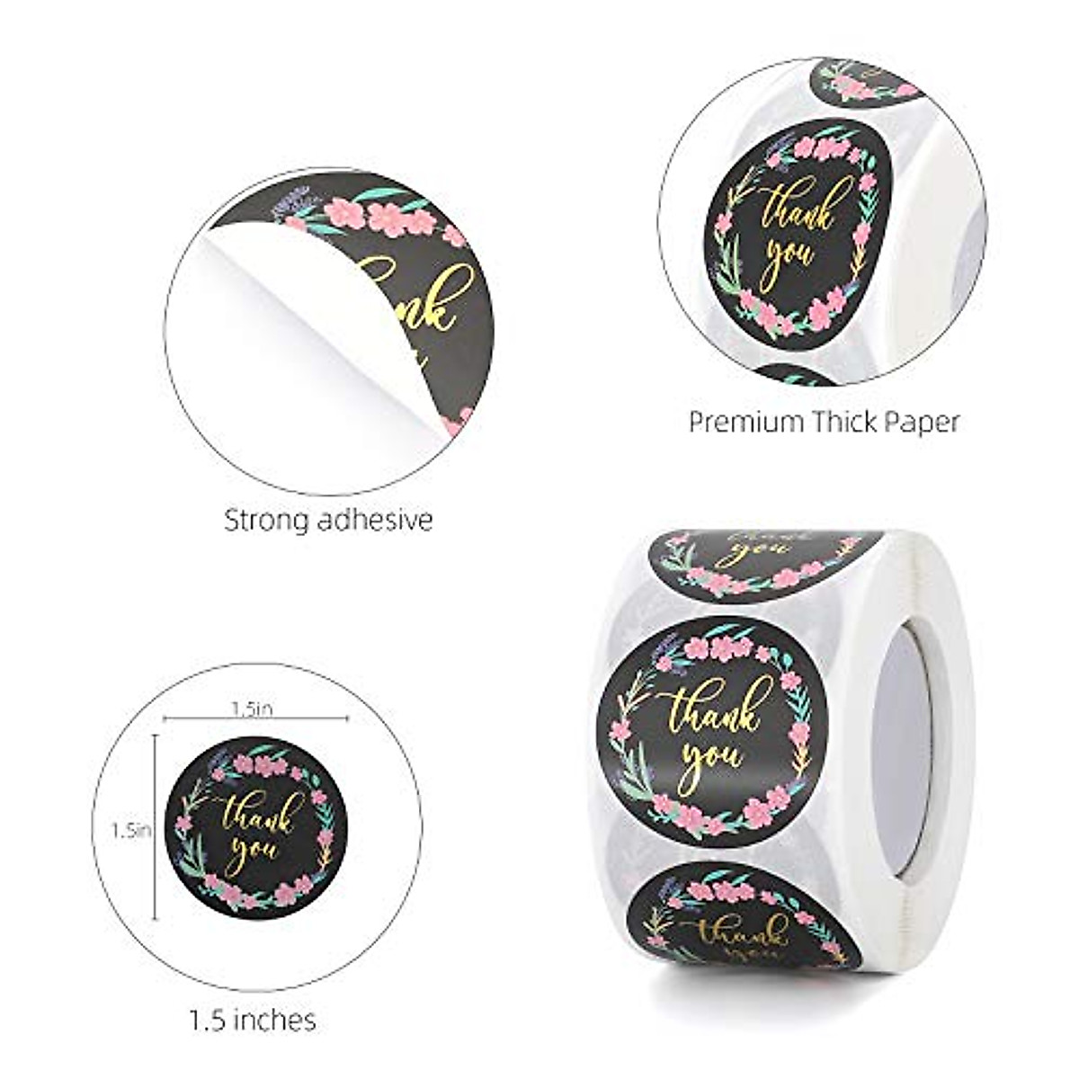Thank You Stickers Roll - 1.5 inch Thank You Stickers with Floral Base Color, Gold Foil Design, 500 Thank You Stickers for Small Business, Gift Bags, Envelopes Seals, Mailer Stickers and More