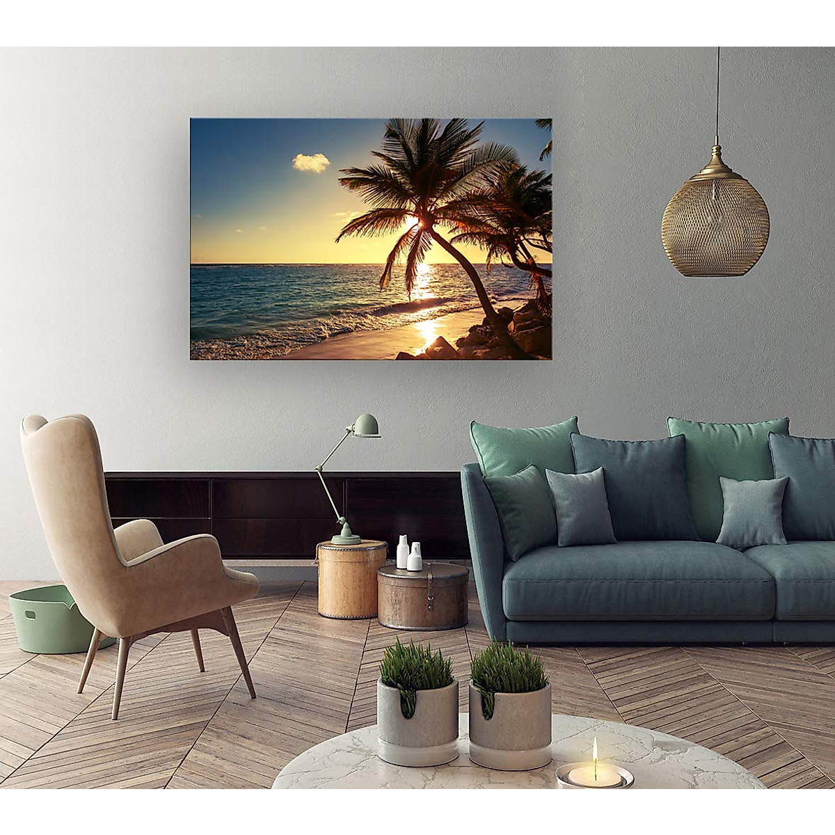 Muolunna S04981 Wall Art Decor Large Canvas Print Picture Sunset Ocean Beach Waves 1 Panel Coconut tree Scenery Painting Artwork for Office Home Decoration Stretched and Framed Ready to Hang XLarge
