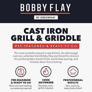 GreenPan x Bobby Flay Cast Iron Pre-Seasoned 11” Reversible Double Burner Rectangle Grill/Griddle, Helper Handles, Induction Suitable, Versatile Stovetop, Oven, BBQ & Fire, Indoor/Outdoor Use, Black