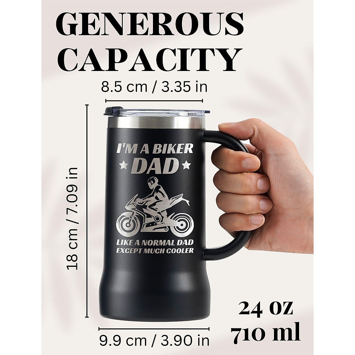 Onebttl Biker Dad Motorcycle Gifts for Men, Stainless Steel Beer Stein Tumbler, 24oz Beer Mug with Lid