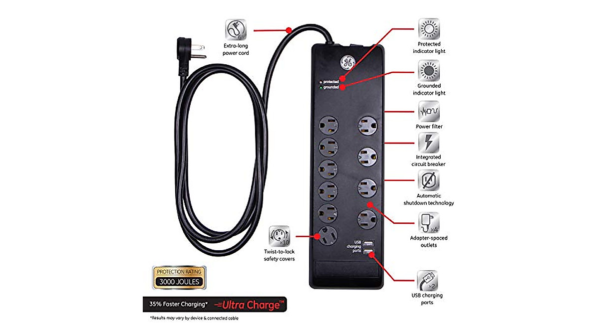 GE UltraPro Surge Protector: 10 Outlets, USB & 3000 Joules