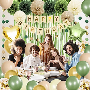 Lasocy Sage Green Happy Birthday Party Decorations Sage olive green Gold Retro Green Balloons Nude Happy Birthday Banner Neutral Rustic Botanical Greenery Décor Supplies for Women Girls Baby