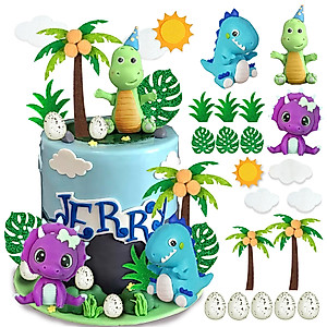 Dinosaur Cake Toppers Clay Dinosaurs Palm Leaves Dinosaur Eggs for Boy Girl Kid Birthday Baby Shower Dinosaur Theme Jungle Party Supplies (Multicolor)