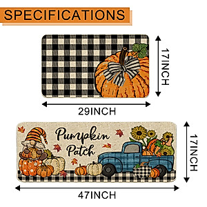 pinata Fall Kitchen Rugs and Mats Set of 2 - Hello Fall Y’All Gnomes Pumpkin Farmhouse Fall Kitchen Decor Mats for Floor - 17x29 and 17x47 Inch