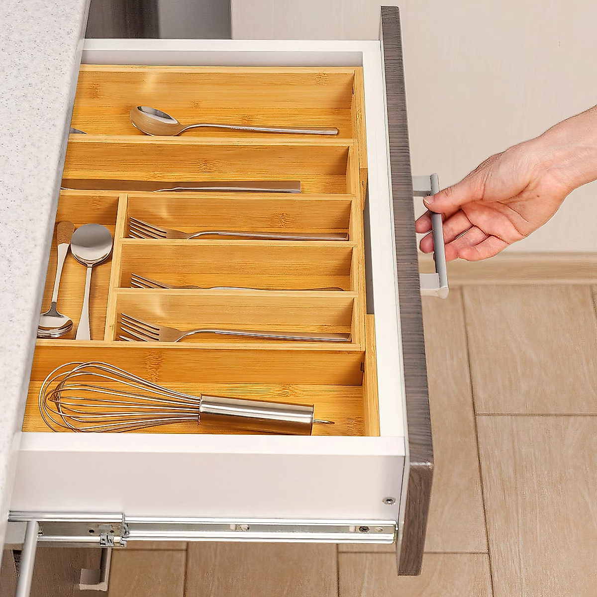 Mxbamhyc 2 Pack Silverware Organizer for Drawer,Bamboo Expandable Kitchen Flatware Organizer,Adjustable Utensil Cutlery Organizer/Holder.