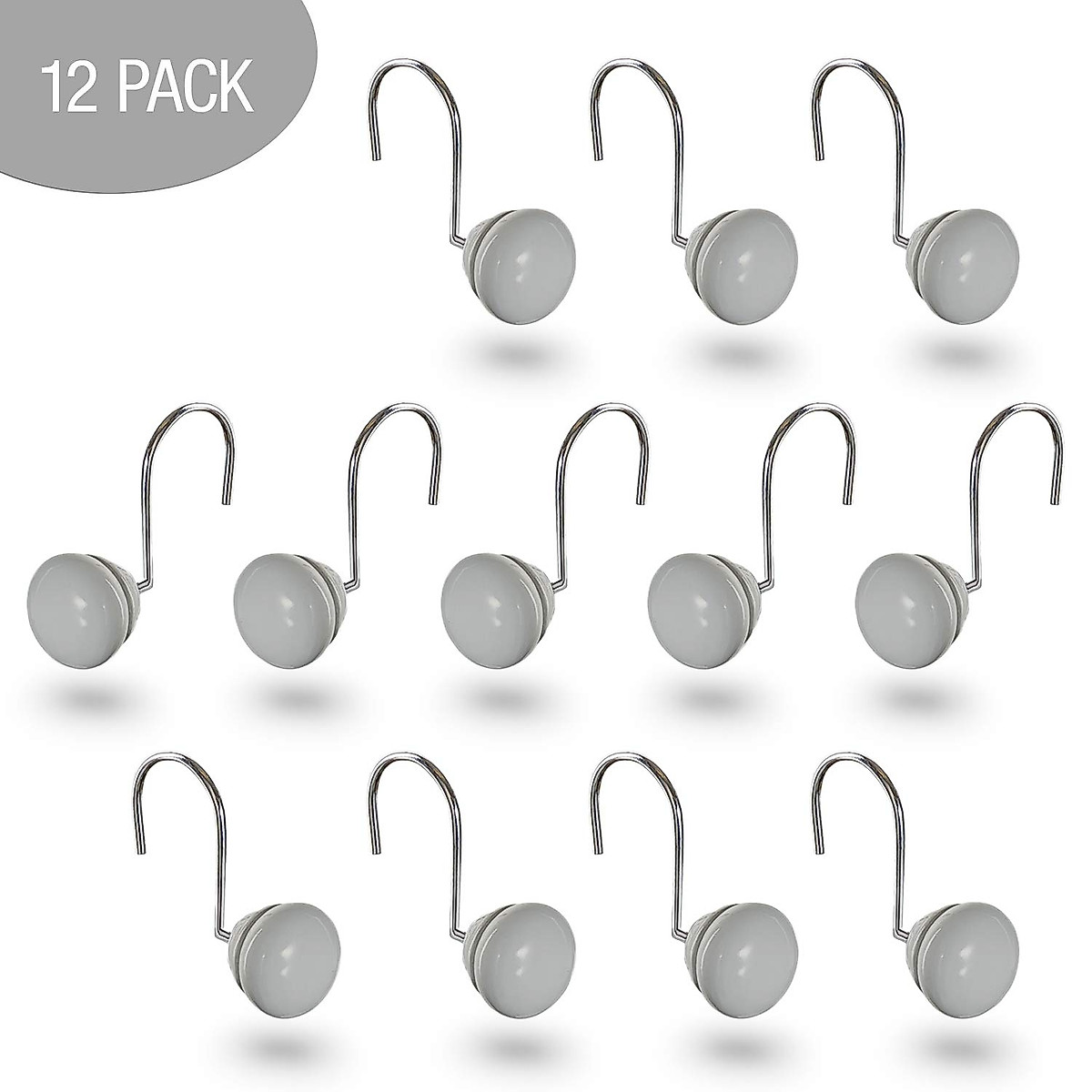 Creative Scents Grey Shower Curtain Hooks Decorative - Set of 12 Gray Shower Curtain Rings for Bathroom Shower Rod - Decorative Shower Hooks for Shower Curtain for Bathroom Decor