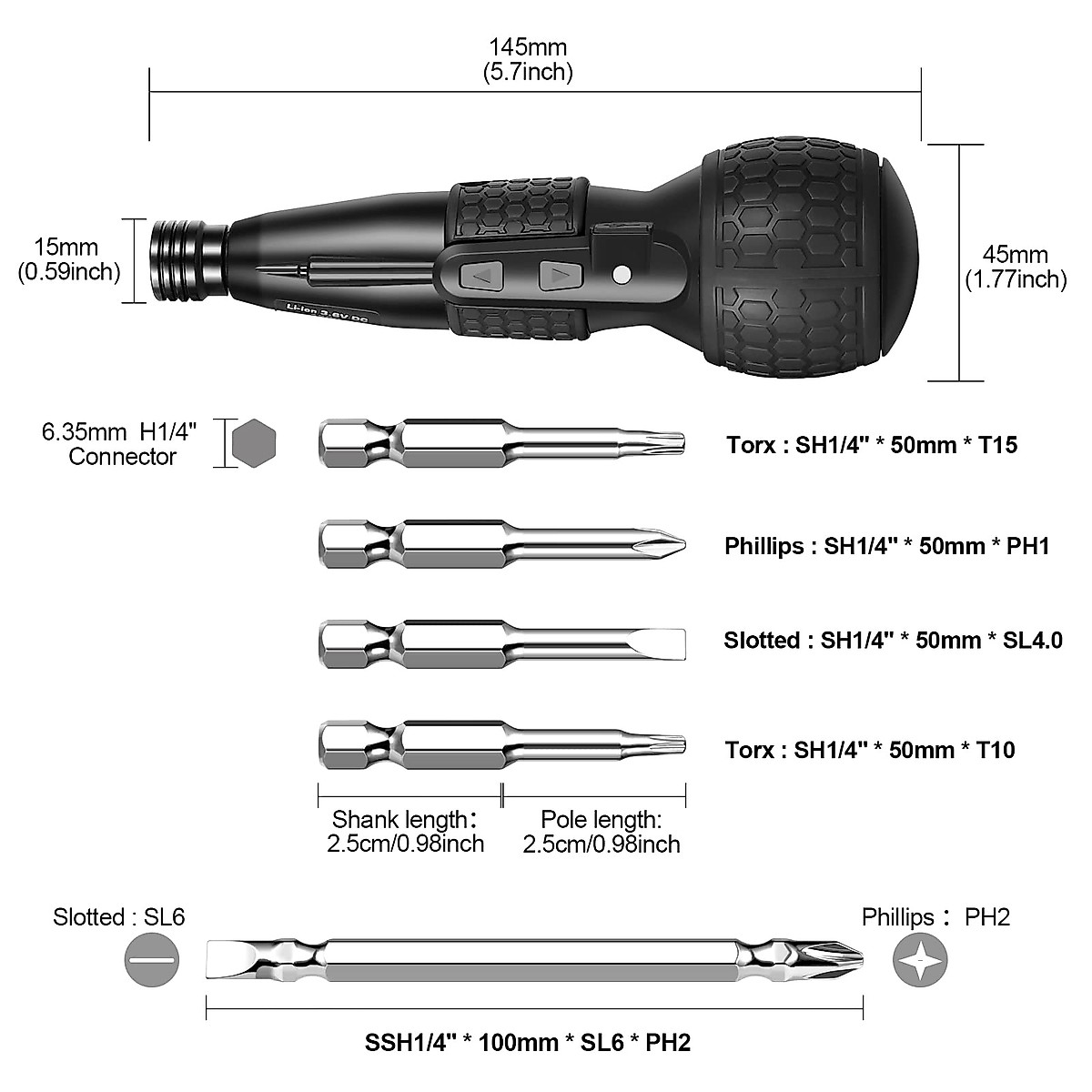ERAVOR 3.6V Cordless Electric Screwdriver, Rechargeable Power Screwdrivers, Automatic Home Repair Tool with Non-slip handle & LED light, Includes 5pcs Bit, 1800mAh USB Rechargeable Battery - Black