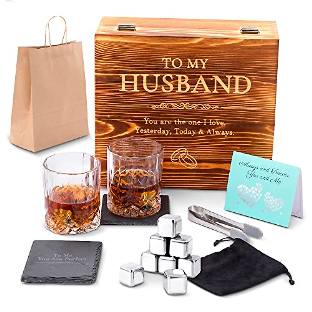 Whiskey Stones Gift Set Anniversary Gi fts for Husband | Him | Men, Husband Birthday | Wedding Anniversary | Valentine's Day Gift, 8 Stainless Steel Whiskey Stones & 2 Whiskey Glasses(11oz)