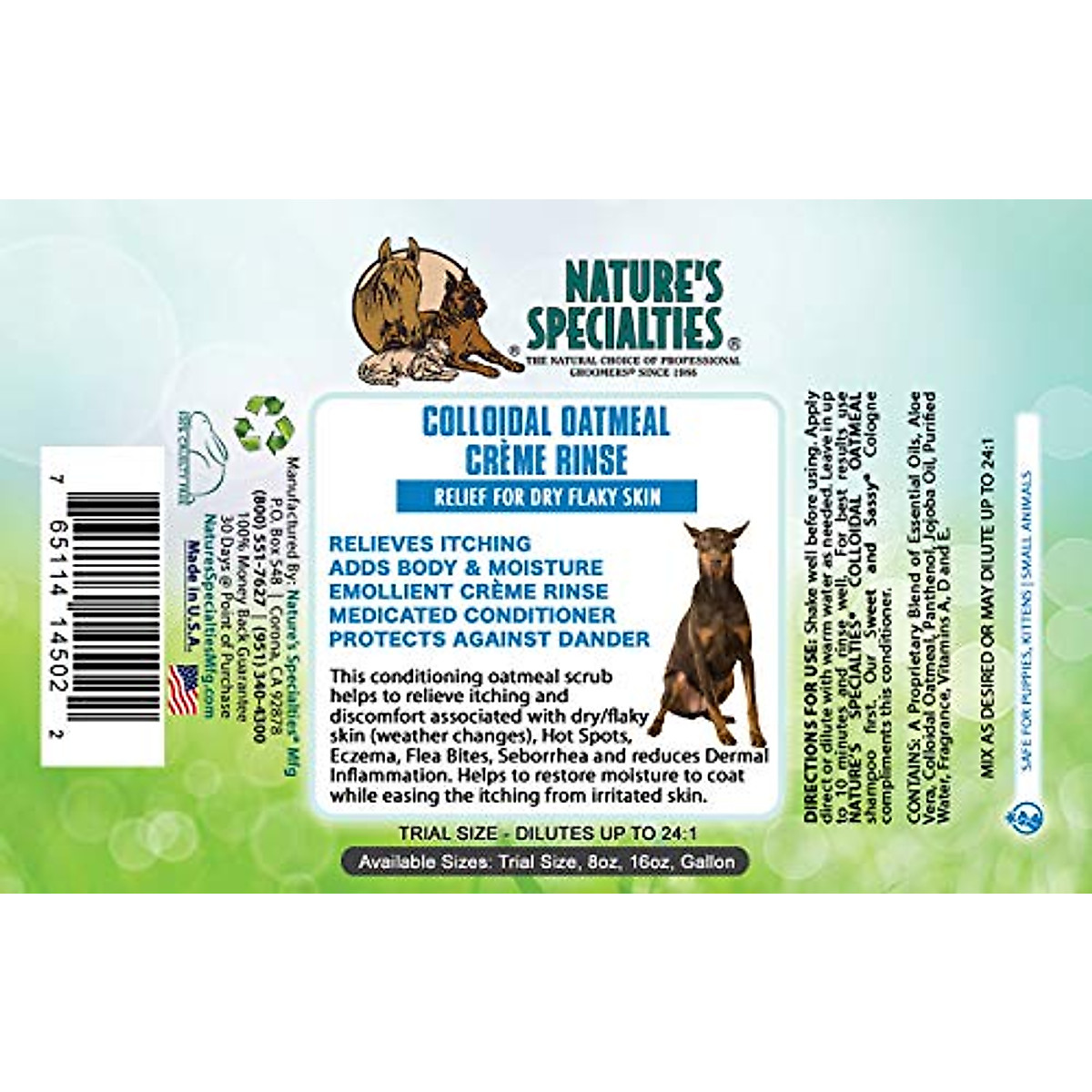 Nature's Specialties Colloidal Oatmeal Creme Rinse Ultra Concentrated Conditioner for Pets, Makes up to 6 Gallons, Natural Choice for Professional Groomers, Relief for Dry Flaky Skin, Made in USA, 32 oz