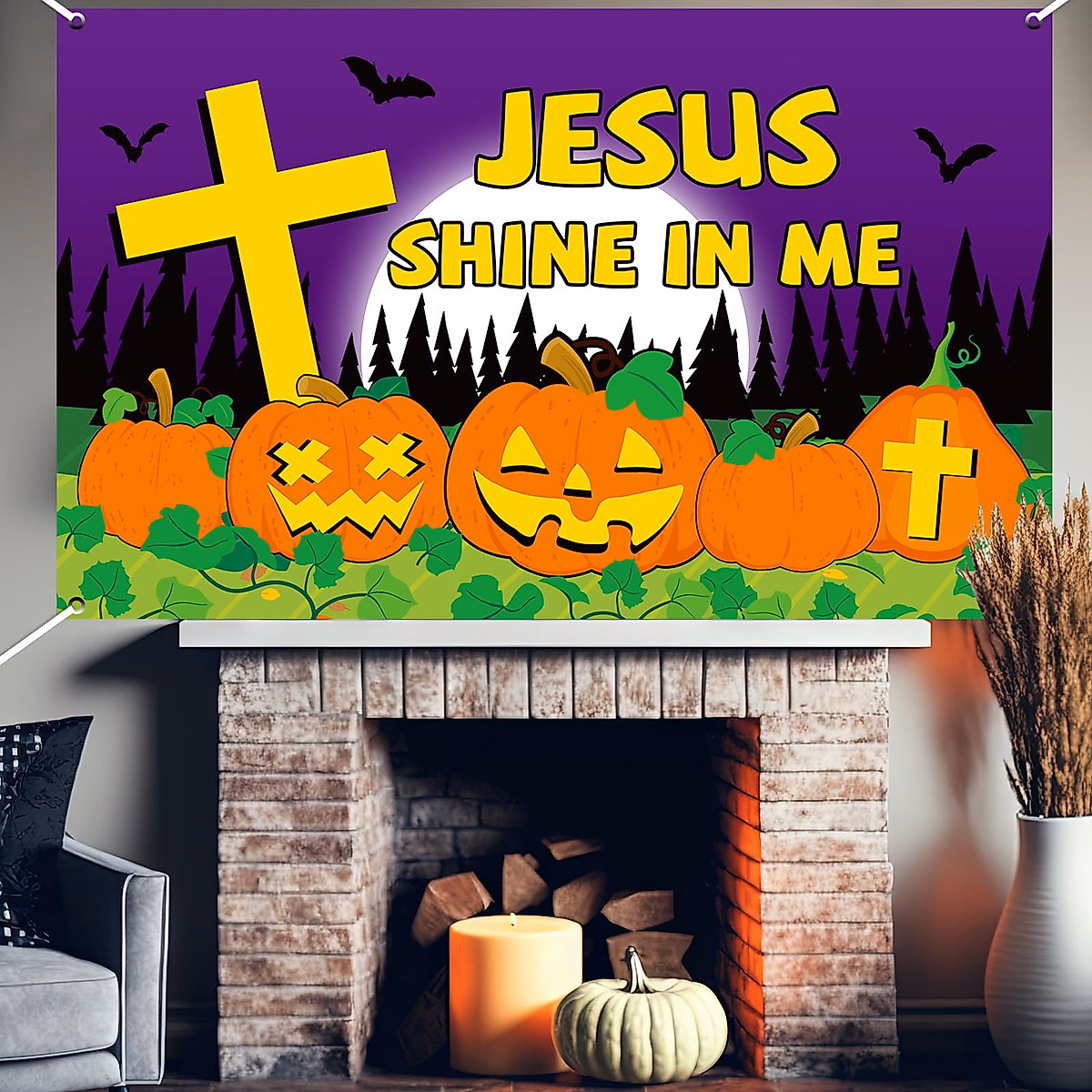 Halloween Christian Pumpkin Backdrop Banner Let Jesus Light Your Way Party Decor Halloween Jesus Pumpkin Background Wall Decor Halloween Religious Supplies for Kids Sunday School Decor 71 x 43 inch
