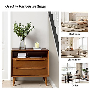 HULALA HOME Nightstand with Charging Station, Set of 2 Mid-Century Modern 2 Drawer and Open Shelf Dresser for Bedroom, Fluted Bedside Table, Acorn
