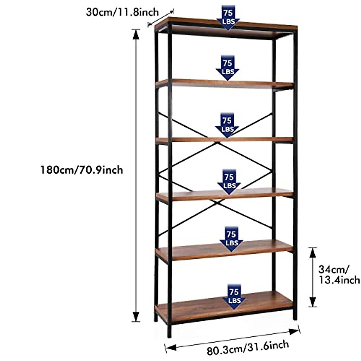 5 Tier Industrial Bookshelf, Vintage Standing Storage Shelf, Display Shelving Units, Tall Bookcase, Industrial Metal Book Shelves for Living Room Bedroom and Home Office