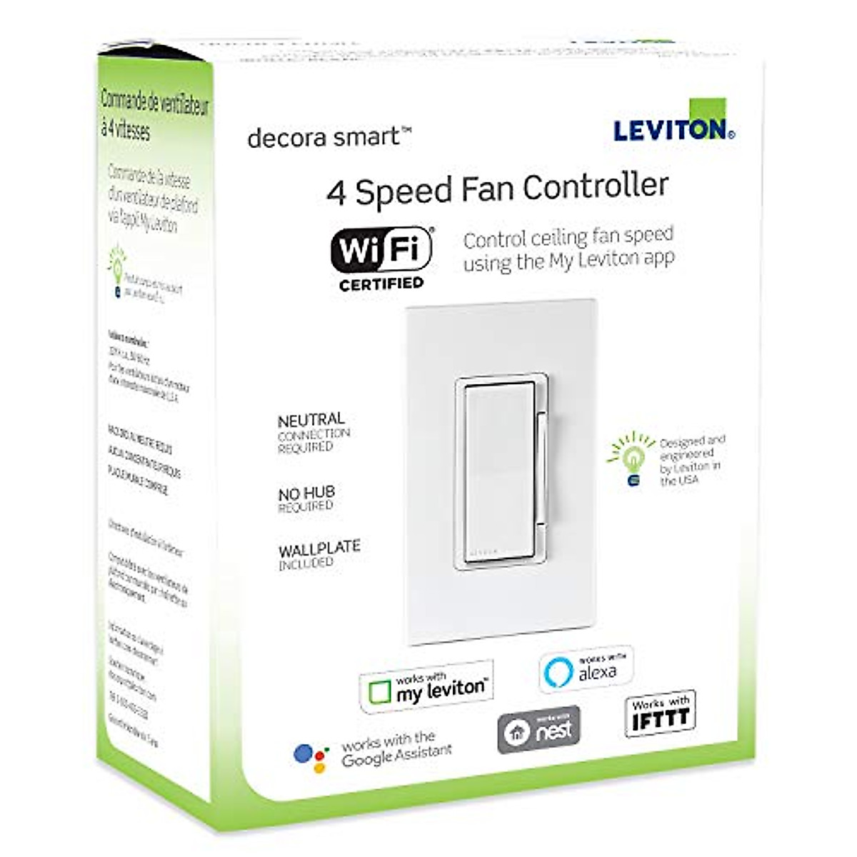 Leviton DW4SF-1BW Decora Smart Wi-Fi Fan Speed Controller, White