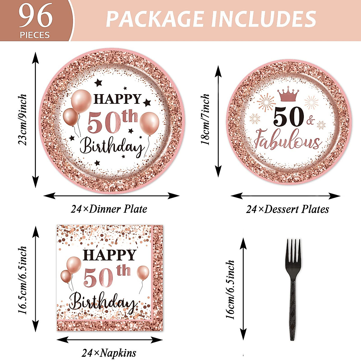 96 Pcs 50 and Fabulous Birthday Party Plates Napkins Tableware Set Rose Gold 50th Birthday Supplies Disposable Dinnerware Fifty Birthday Decoration Favors for Women, 24 Guests