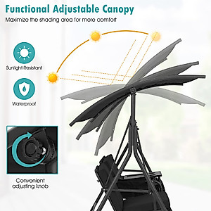 Happygrill 2 Person Porch Swing with Canopy, Outdoor Patio Swing with Center Tray & 6 Gal Cooler Bag, 2 Back Cushions & 2 Seat Cushions Included