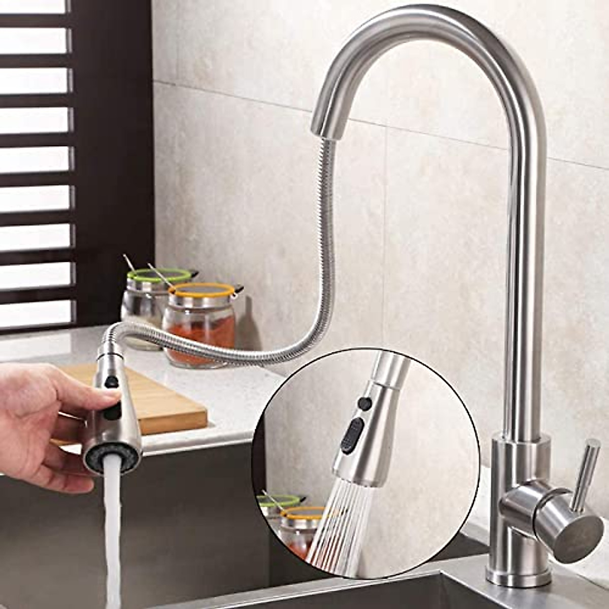 Pull Down Kitchen Faucet Sprayer Head Replacement Part, Only for G1/2 Connector, 3 Function Pull Out Sink Sprayer Replacement Nozzle, Kitchen Faucet Head Hose Spray Tap Spout, Brushed Nickel