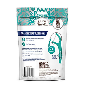 GuruNanda Dual Slickers Floss Picks - Double Threaded Dyneema Dental Floss with Foldable Toothpick for Effective Plaque Removal - Unflavored- 60 Ct
