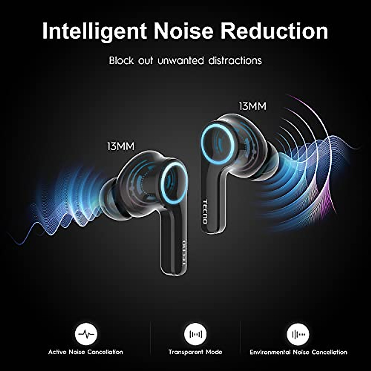 Tecno True Wireless Bluetooth Earbuds Noise Cancelling, ANC Bluetooth Headphone with Microphone and Breathing Light, USB-C Waterproof Earphones with Touch Control for Android iOS, H3 Black