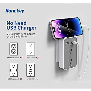Outlet Extender with Multi Plugs, Huntkey Multi USB Plug Outlet Splitter W. Phone Cradle & 2 USB A Plug Charging Port （No Surge Protector)