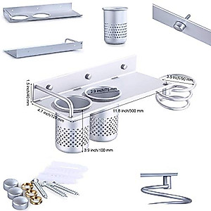 Lmeison Wall Mounted Hair Dryer, Bathroom Hair Care & Styling Tool Organizer Storage Basket, Aluminum Hanging Rack Organizer with 2 Cups for Flat Iron, Curling Wand, Hair Straighteners, Brushes